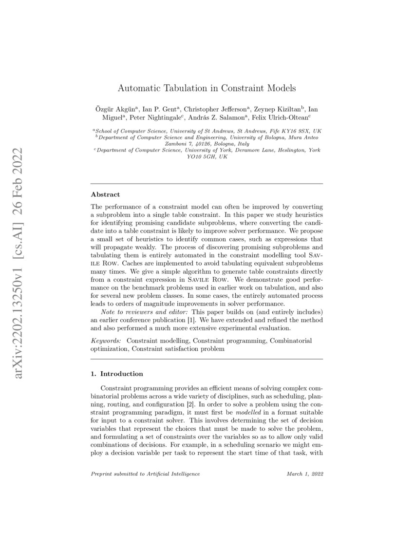 Automatic Tabulation in Constraint Models | DeepAI