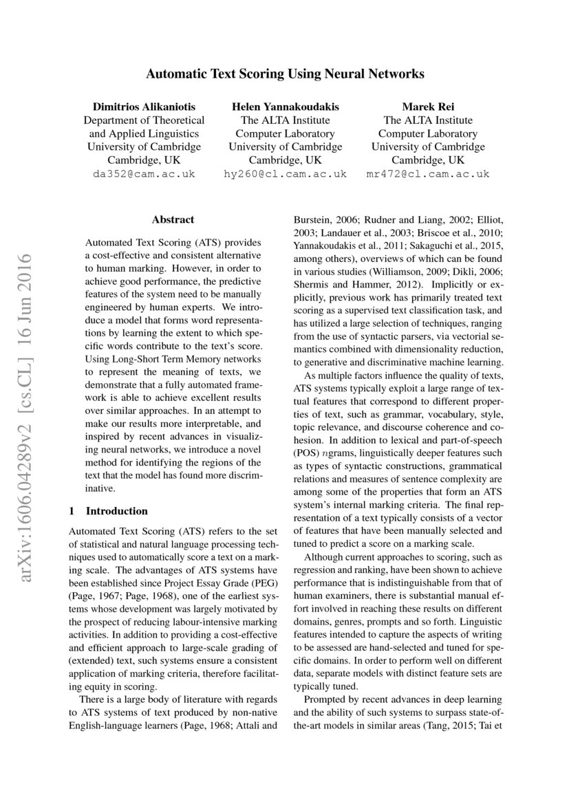 Automatic Text Scoring Using Neural Networks | DeepAI