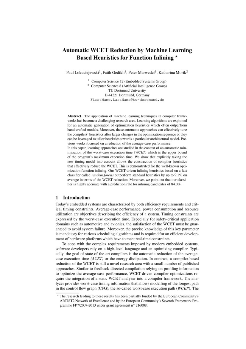 Automatic Wcet Reduction By Machine Learning Based Heuristics For Function Inlining Deepai