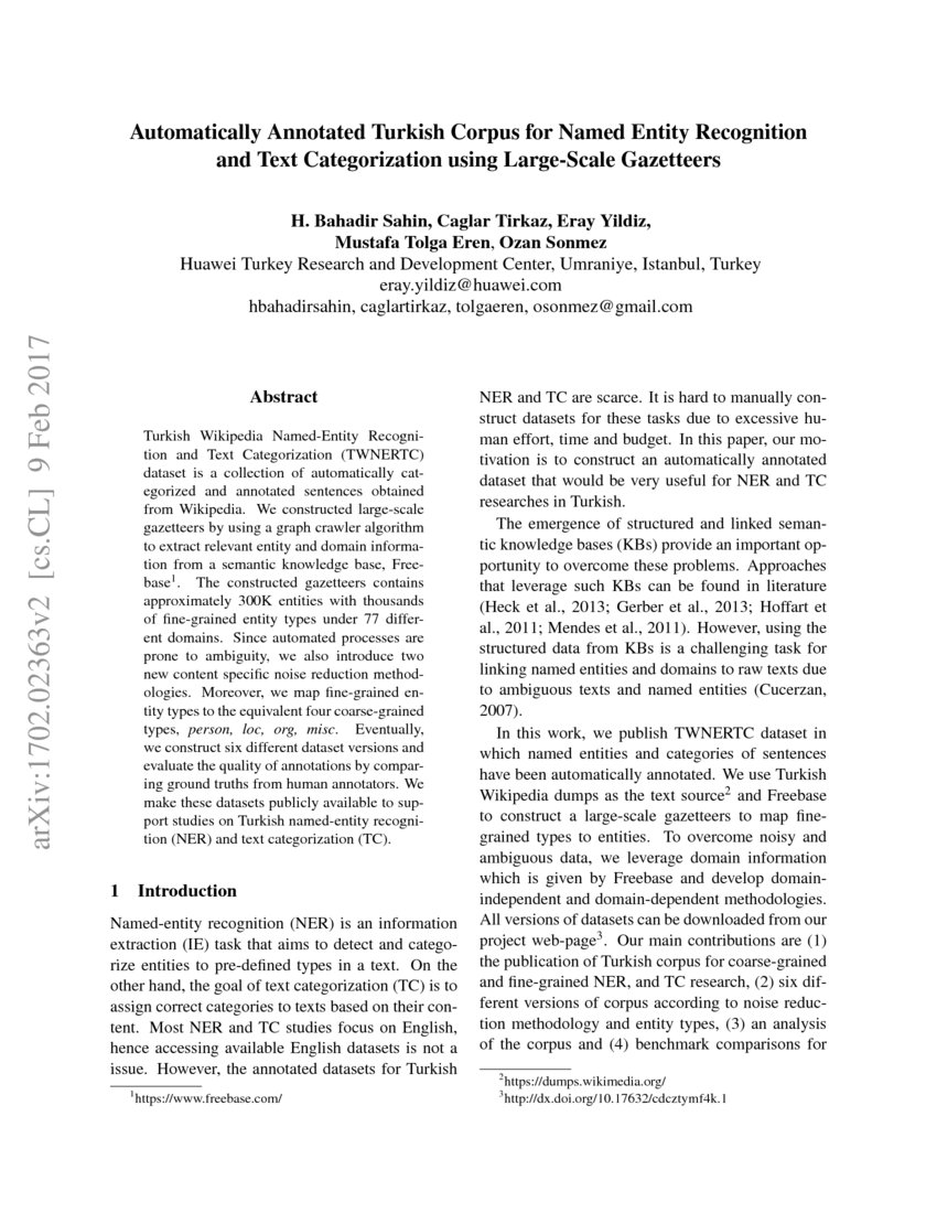 Automatically Annotated Turkish Corpus For Named Entity Recognition And Text Categorization