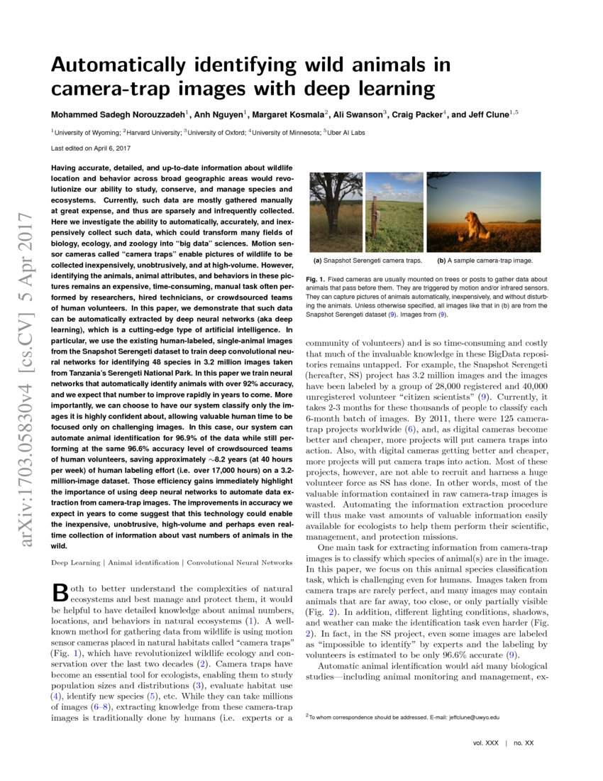 Automatically identifying, counting, and describing wild animals in camera-trap images with deep ...