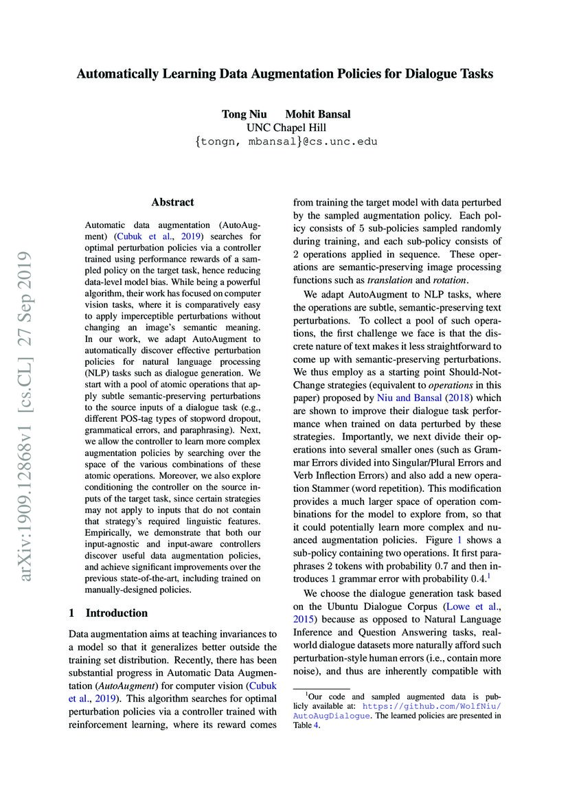 Automatically Learning Data Augmentation Policies for Dialogue Tasks | DeepAI