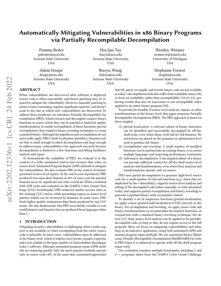 Automatically Mitigating Vulnerabilities In X86 Binary Programs Via Partially Recompilable 