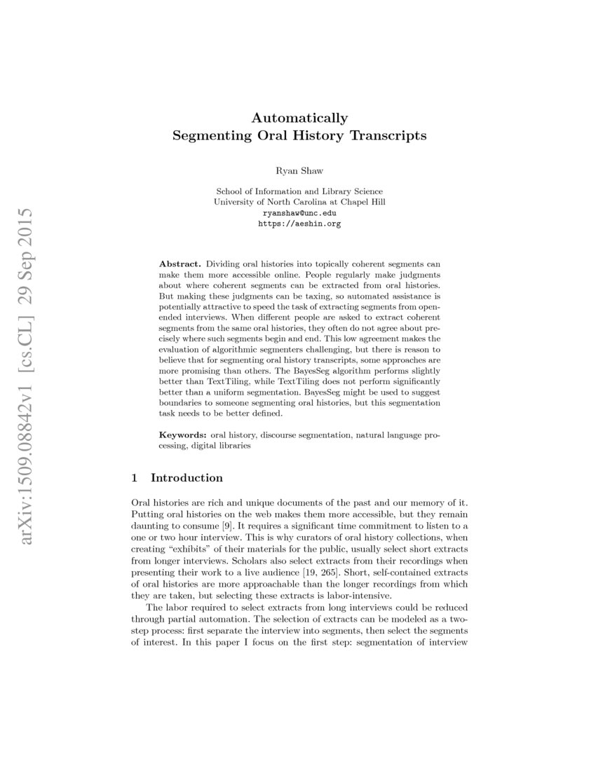 Automatically Segmenting Oral History Transcripts Deepai 9616