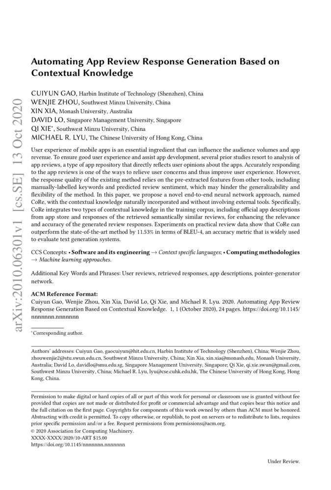 Automating App Review Response Generation Based on Contextual Knowledge | DeepAI