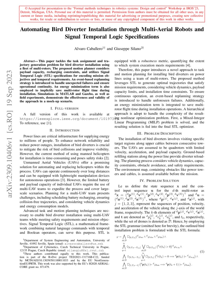 Automating Bird Diverter Installation Through Multi Aerial Robots And Signal Temporal Logic
