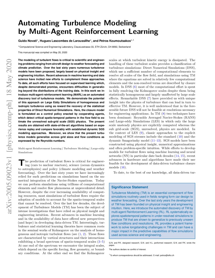 Automating Turbulence Modeling by Multi-Agent Reinforcement Learning | DeepAI