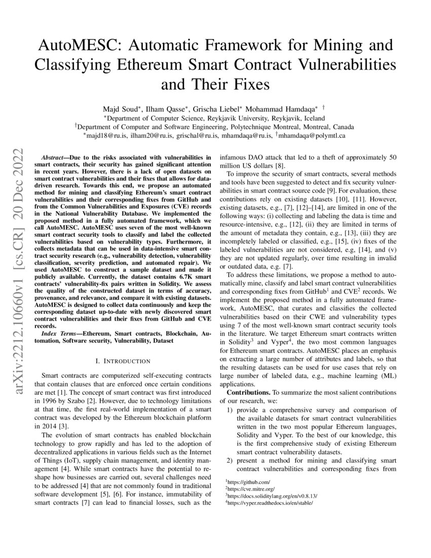 AutoMESC: Automatic Framework for Mining and Classifying Ethereum Smart ... AutoMESC: Automatic Framework for Mining and Classifying Ethereum Smart ...