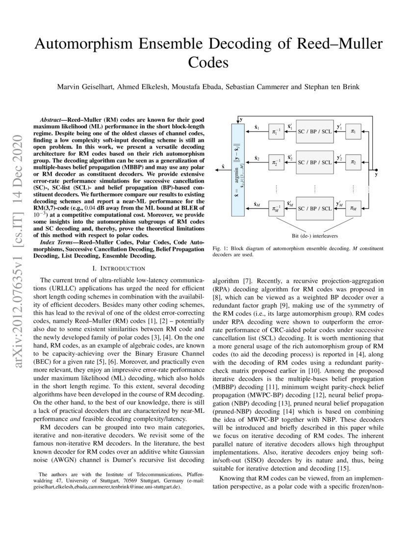 Automorphism Ensemble Decoding of Reed-Muller Codes | DeepAI