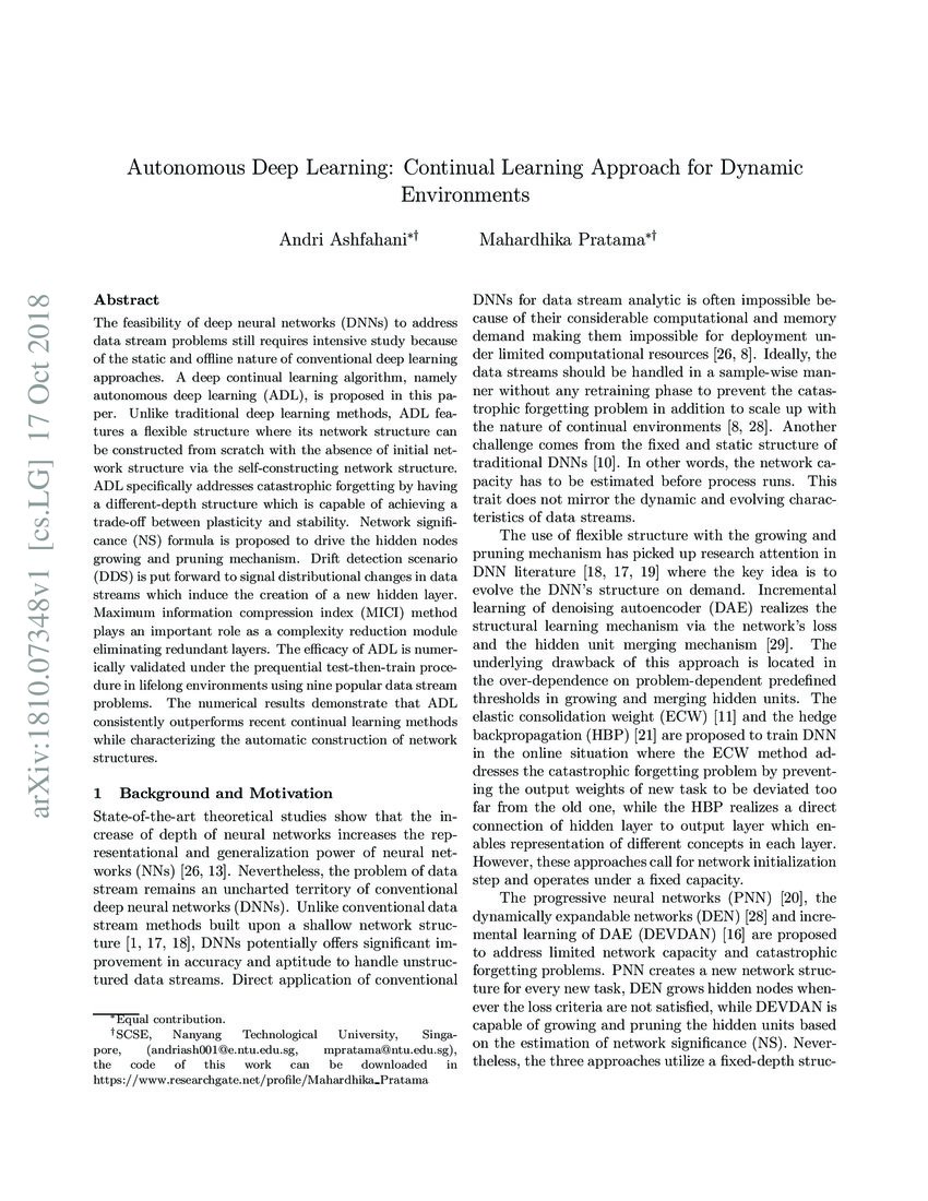 Autonomous Deep Learning: Continual Learning Approach for Dynamic Environments | DeepAI