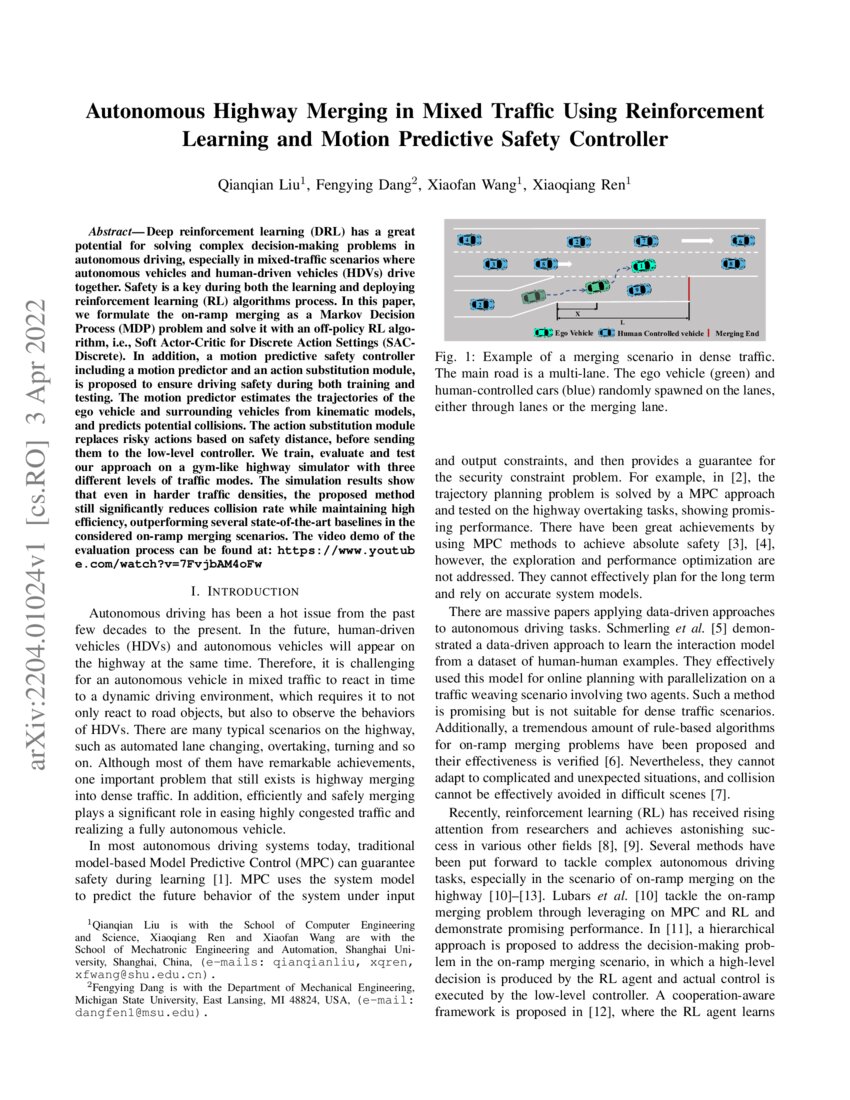 Autonomous Highway Merging in Mixed Traffic Using Reinforcement Learning and Motion Predictive ...