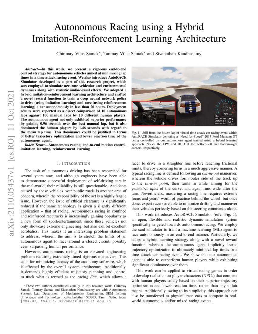 Autonomous Racing using a Hybrid Imitation-Reinforcement Learning ...