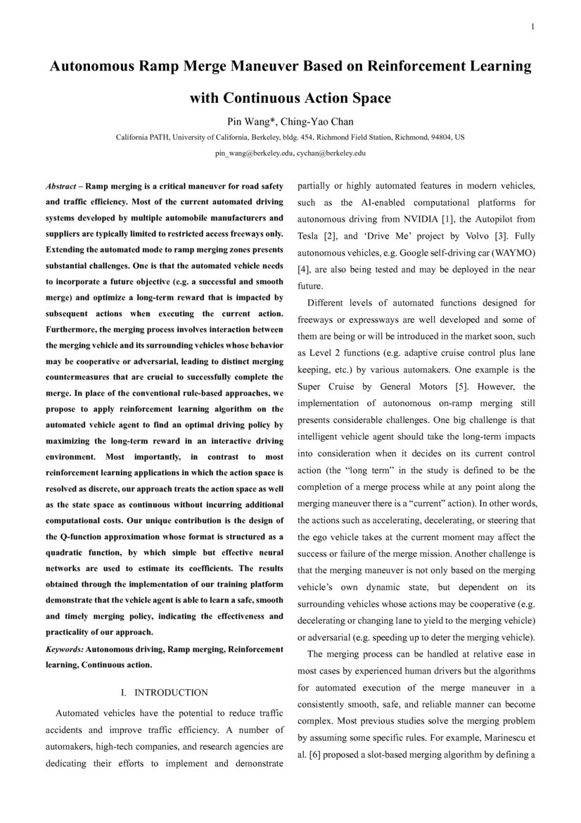 Autonomous Ramp Merge Maneuver Based on Reinforcement Learning with Continuous Action Space | DeepAI