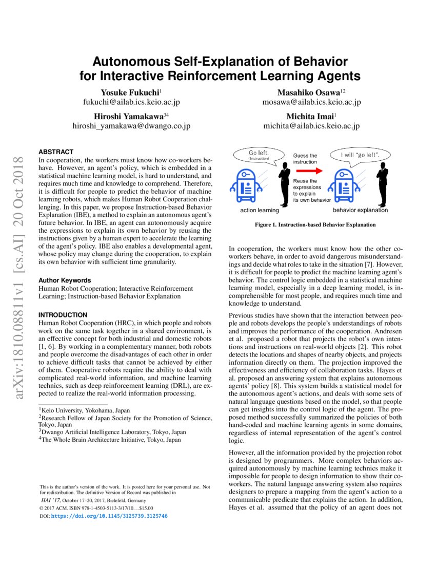 Autonomous Self-Explanation of Behavior for Interactive Reinforcement Learning Agents | DeepAI