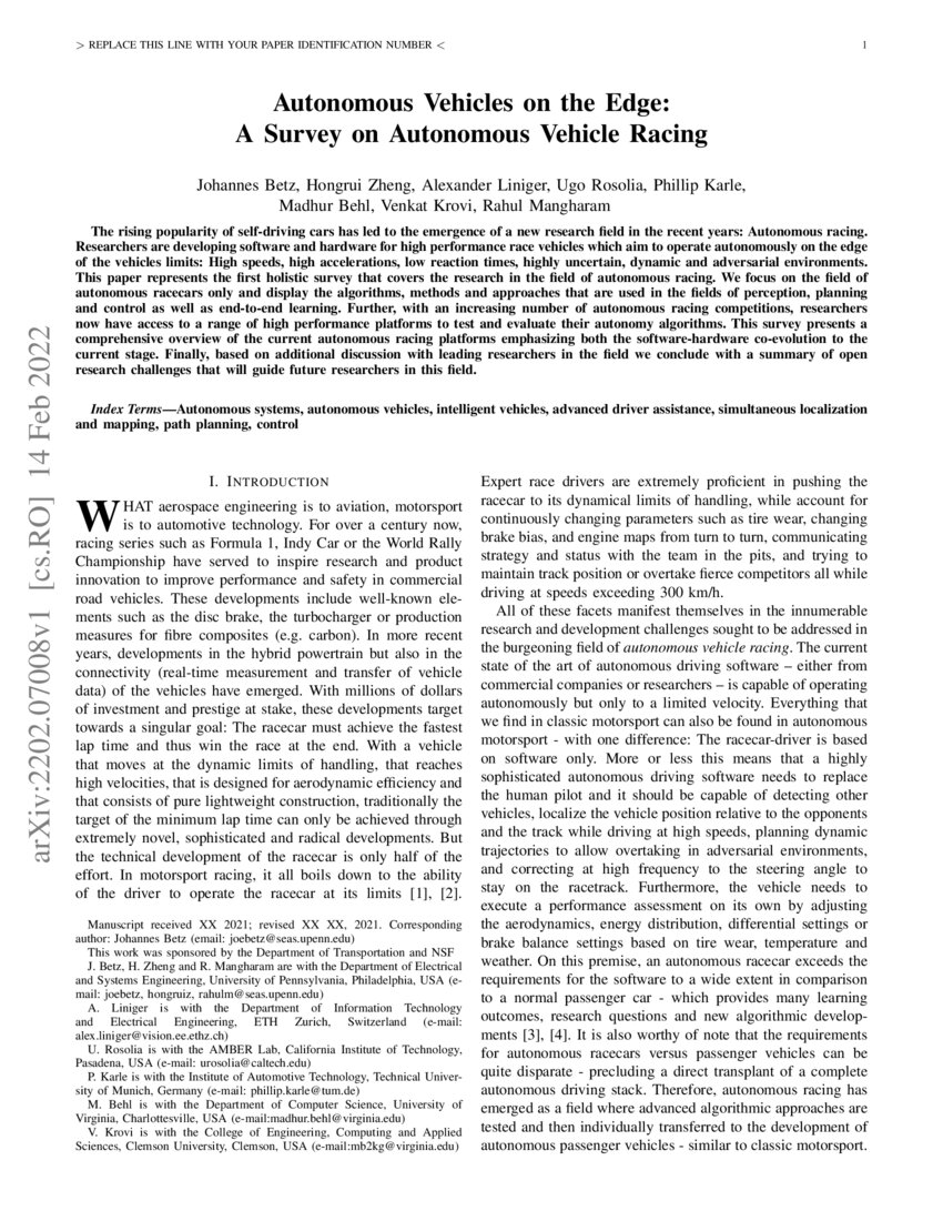 Autonomous Vehicles on the Edge: A Survey on Autonomous Vehicle Racing ...