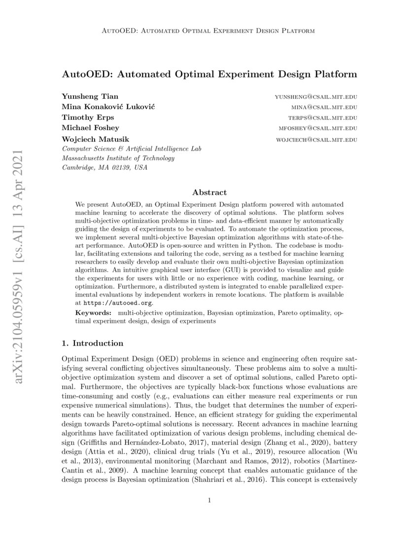 AutoOED: Automated Optimal Experiment Design Platform | DeepAI