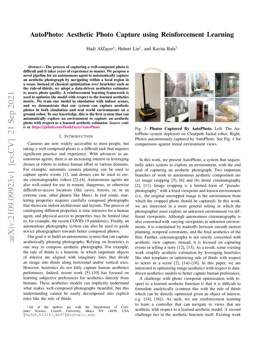 AutoPhoto: Aesthetic Photo Capture using Reinforcement Learning | DeepAI