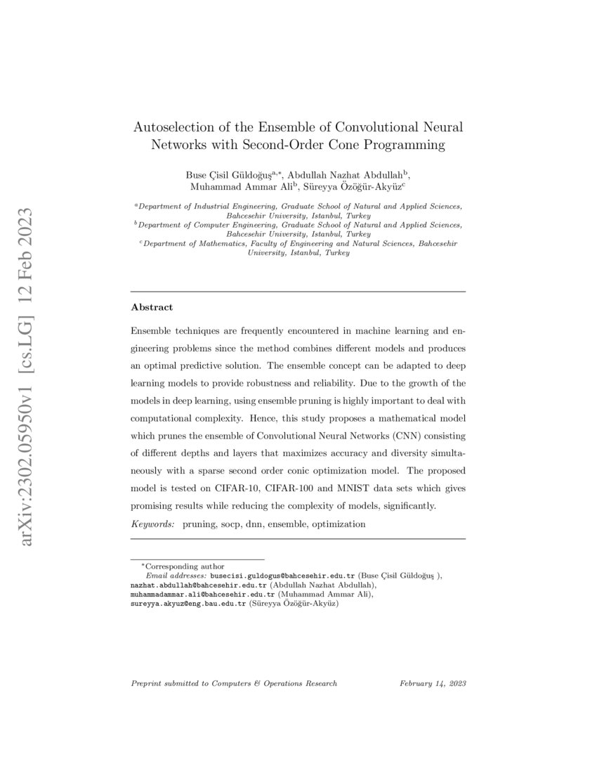 Autoselection Of The Ensemble Of Convolutional Neural Networks With Second Order Cone 