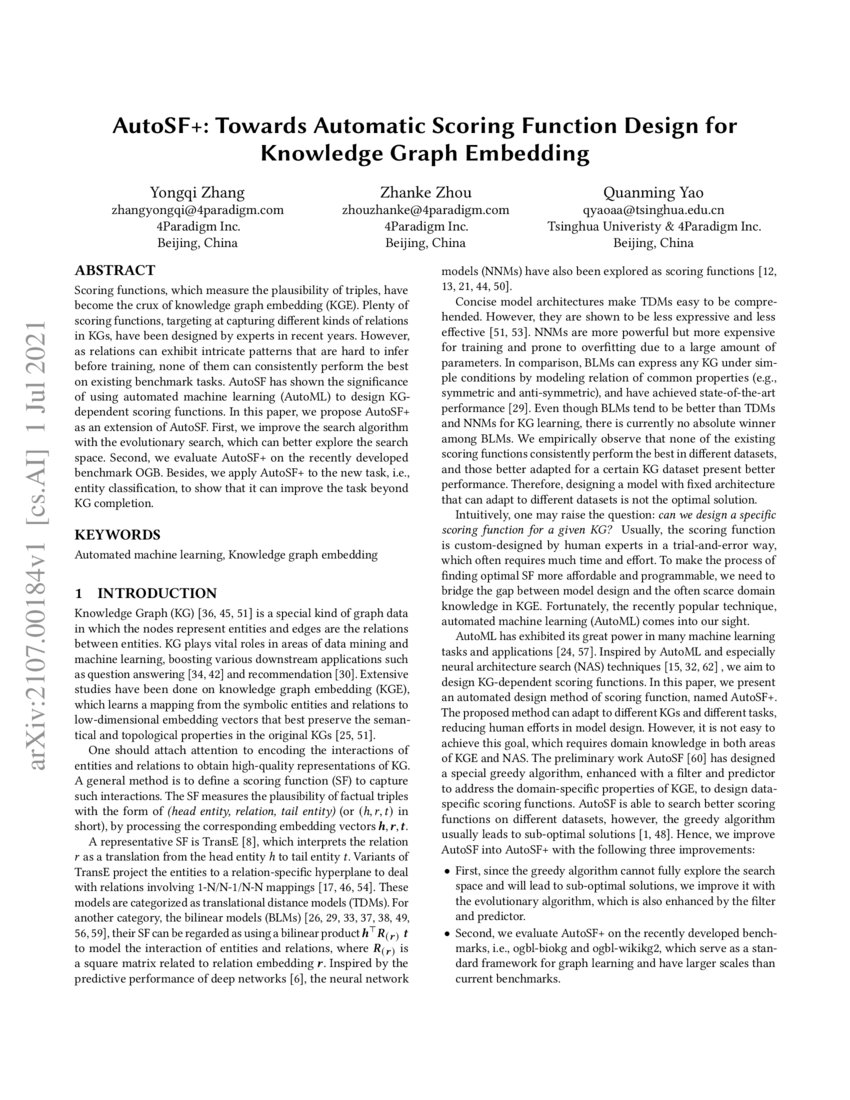 AutoSF+: Towards Automatic Scoring Function Design for Knowledge Graph Embedding | DeepAI