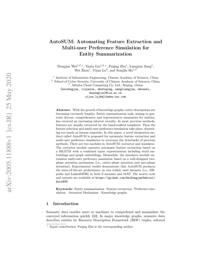 Autosum Automating Feature Extraction And Multi User Preference Simulation For Entity
