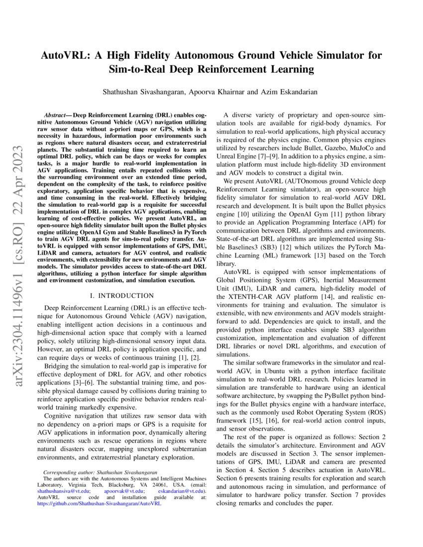 AutoVRL: A High Fidelity Autonomous Ground Vehicle Simulator for Sim-to ... AutoVRL: A High Fidelity Autonomous Ground Vehicle Simulator for Sim-to ...