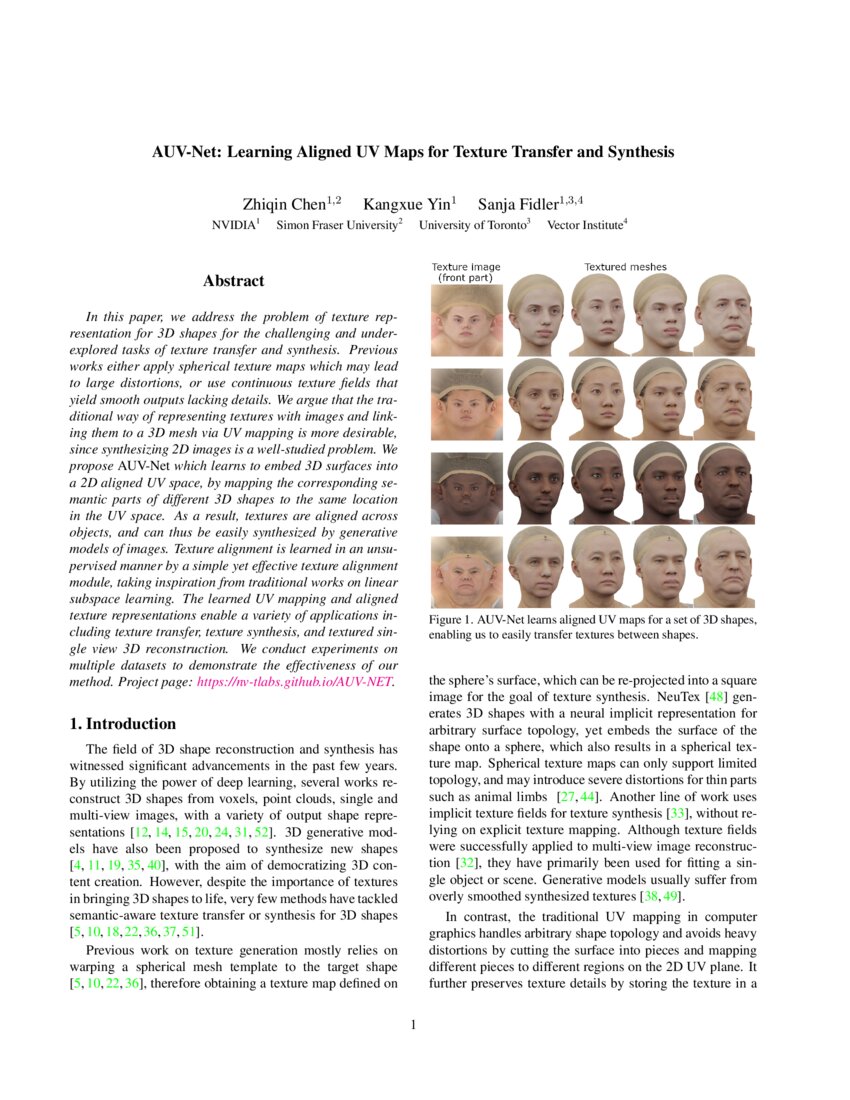 AUV-Net: Learning Aligned UV Maps for Texture Transfer and Synthesis | DeepAI