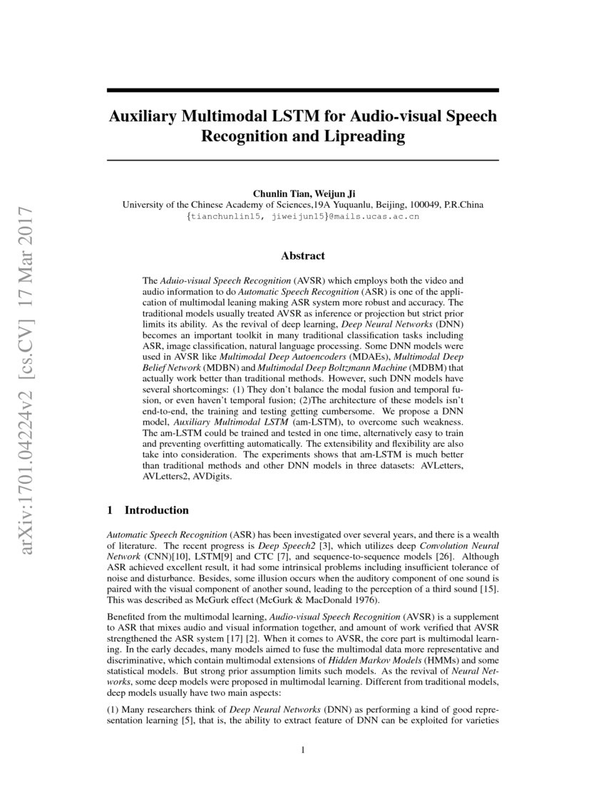Auxiliary Multimodal Lstm For Audio Visual Speech Recognition And