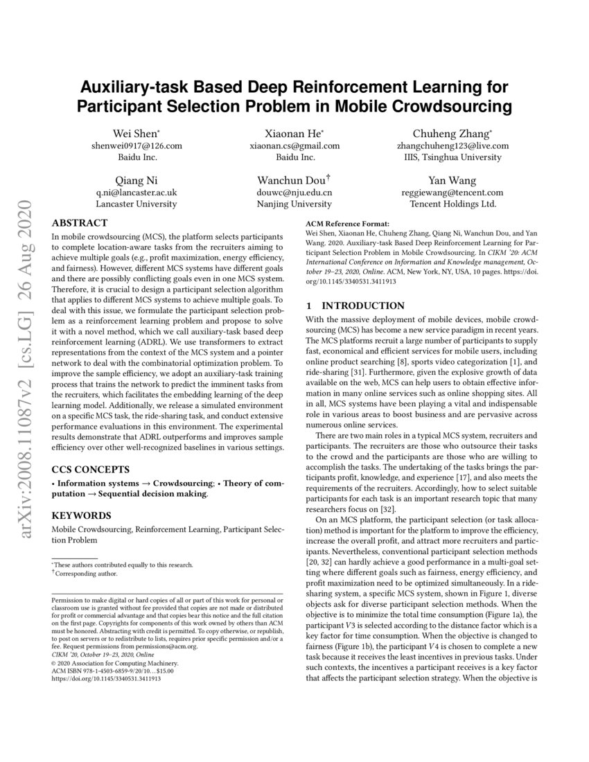 Auxiliary-task Based Deep Reinforcement Learning for Participant Selection Problem in Mobile ...