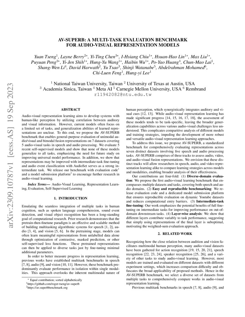AV-SUPERB: A Multi-Task Evaluation Benchmark for Audio-Visual ...