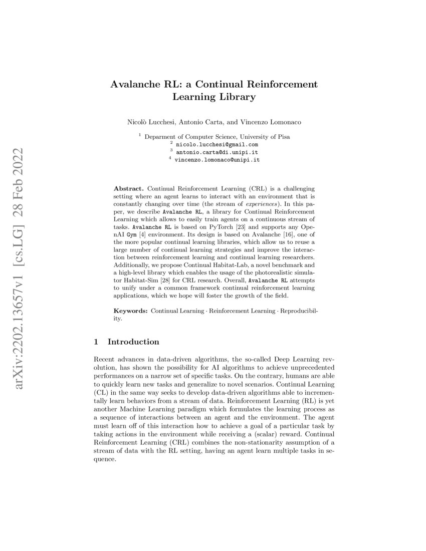 Avalanche RL: a Continual Reinforcement Learning Library | DeepAI