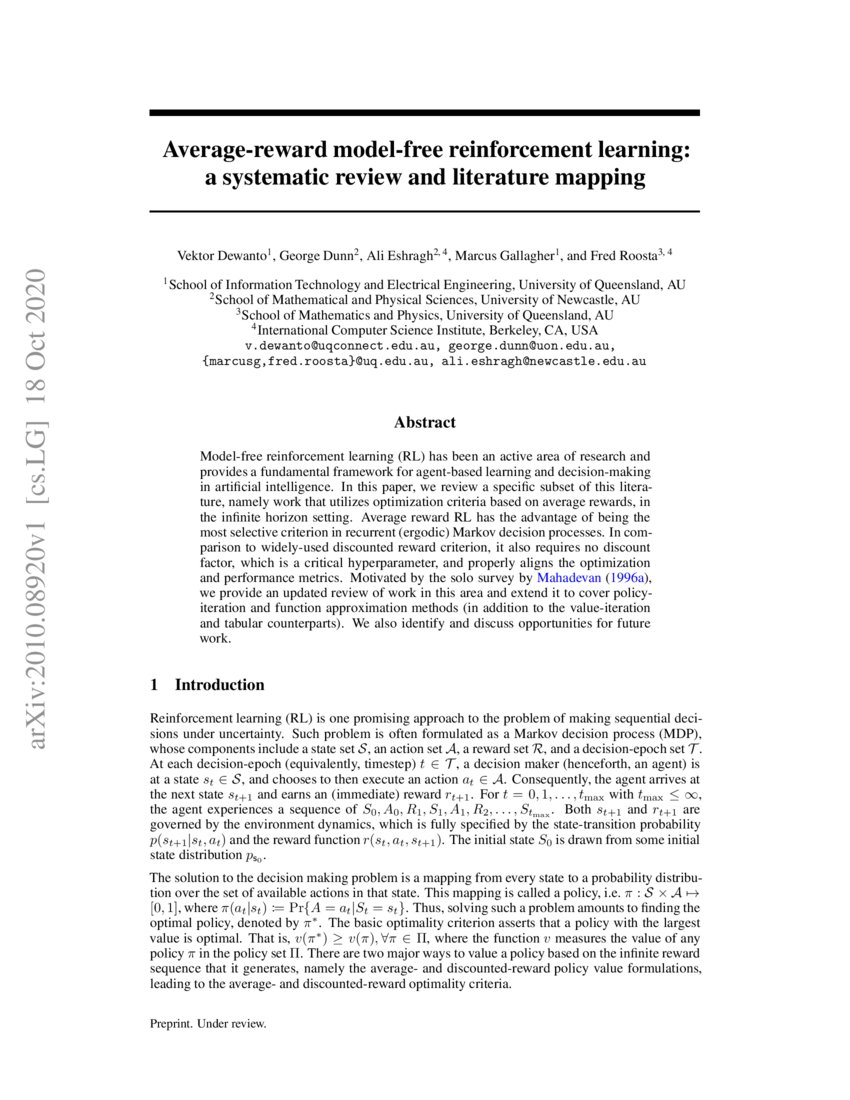 Average Reward Model Free Reinforcement Learning A Systematic Review And Literature Mapping