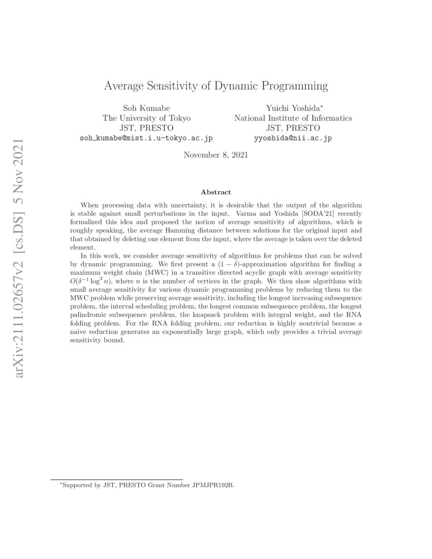 Average Sensitivity Of Dynamic Programming Deepai