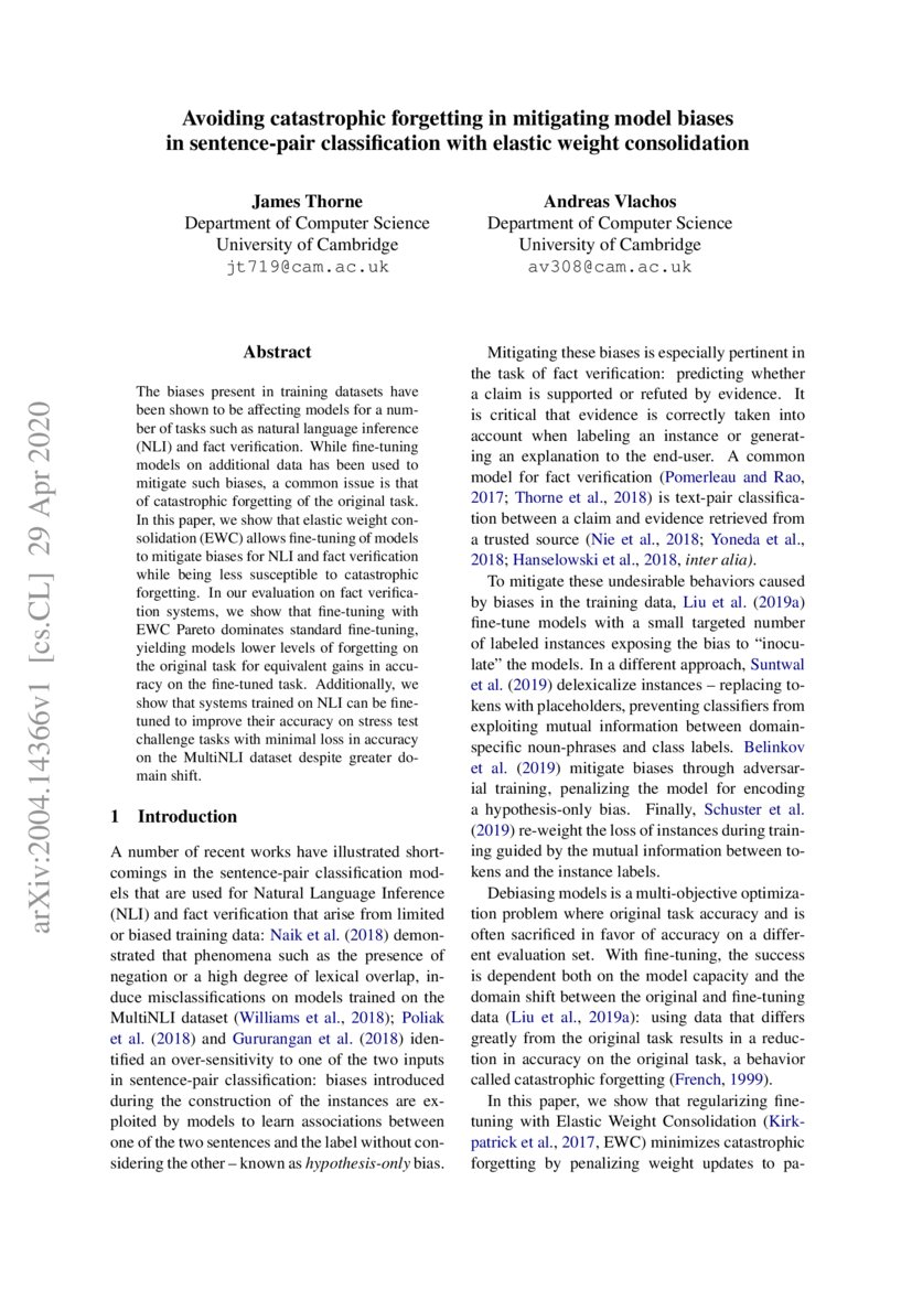 Avoiding Catastrophic Forgetting In Mitigating Model Biases In Sentence