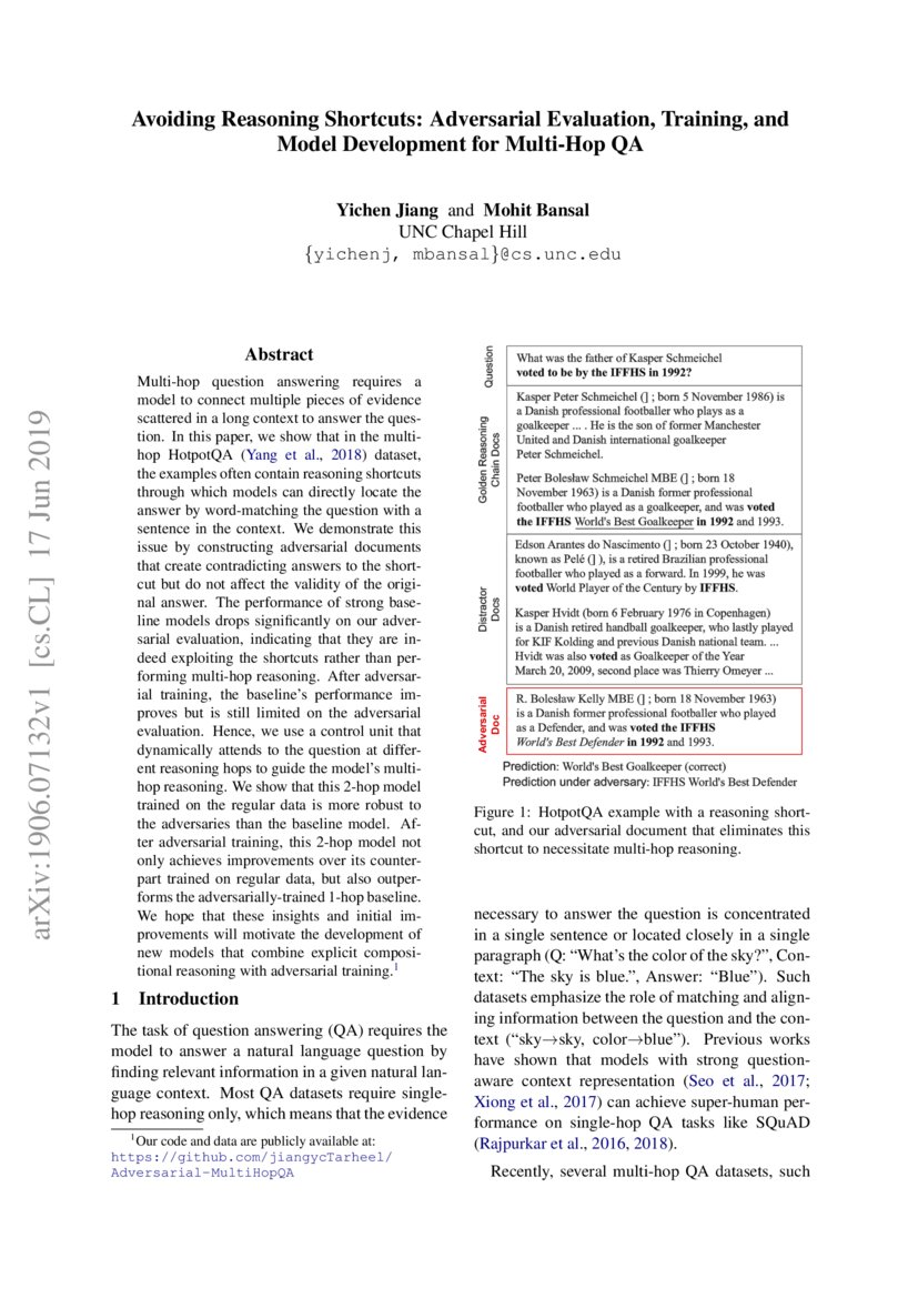 Avoiding Reasoning Shortcuts: Adversarial Evaluation, Training, and Model Development for Multi ...