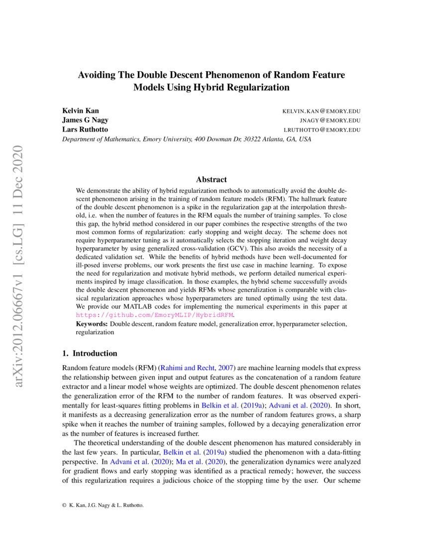 Avoiding The Double Descent Phenomenon Of Random Feature Models Using Hybrid Regularization Deepai 