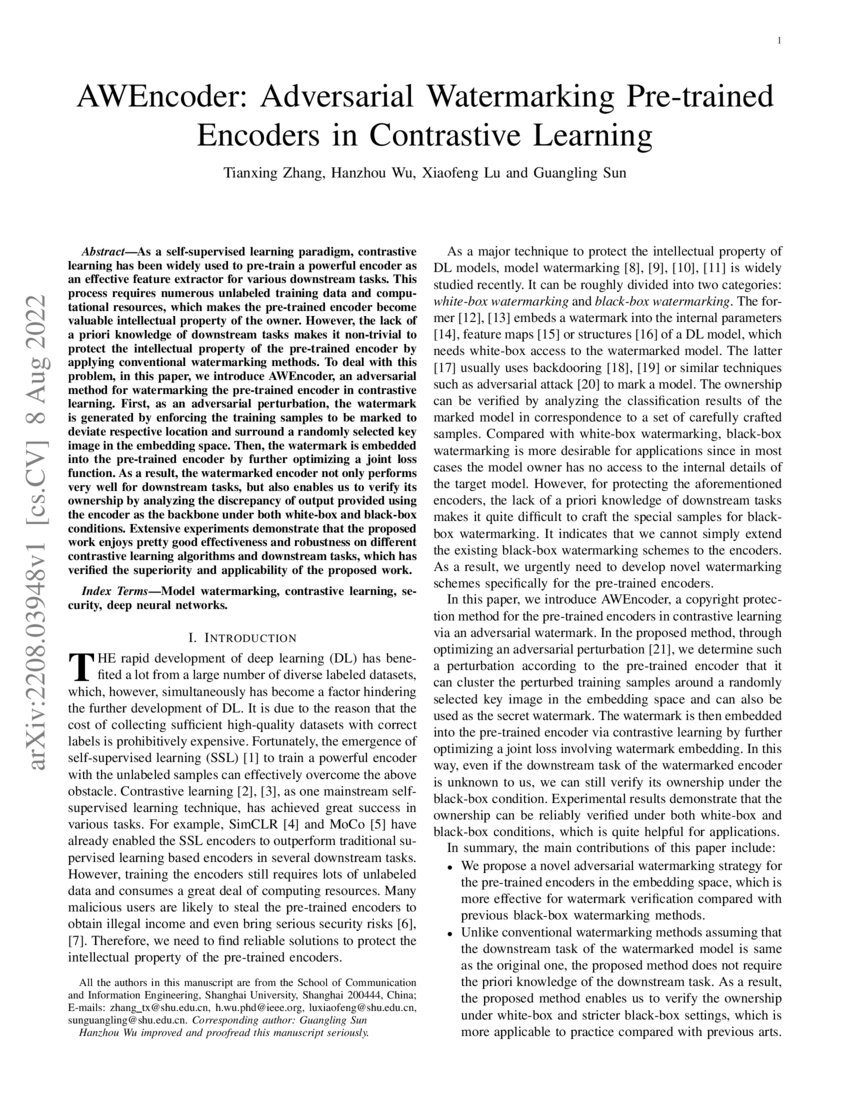 AWEncoder: Adversarial Watermarking Pre-trained Encoders in Contrastive ...