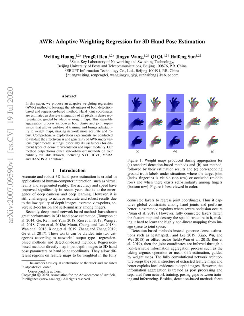 AWR: Adaptive Weighting Regression for 3D Hand Pose Estimation | DeepAI