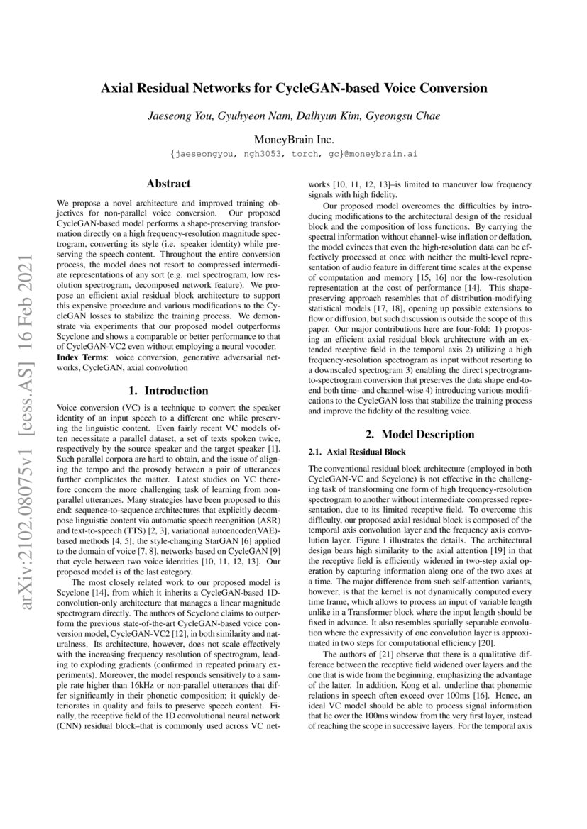 Axial Residual Networks for CycleGAN-based Voice Conversion | DeepAI