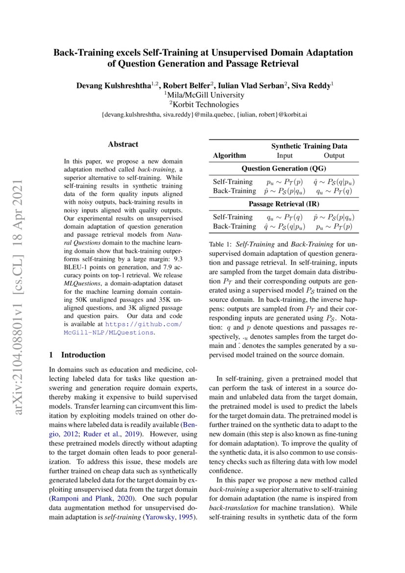 Back Training Excels Self Training At Unsupervised Domain Adaptation Of Question Generation And