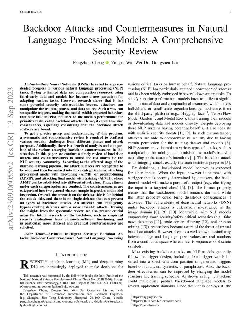 Backdoor Attacks And Countermeasures In Natural Language Processing Models A Comprehensive