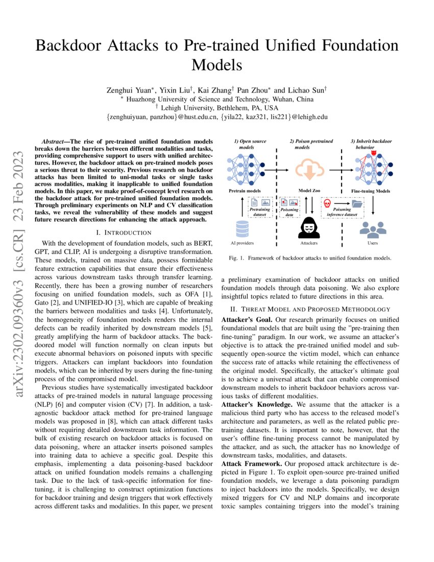 Backdoor Attacks to Pre-trained Unified Foundation Models | DeepAI
