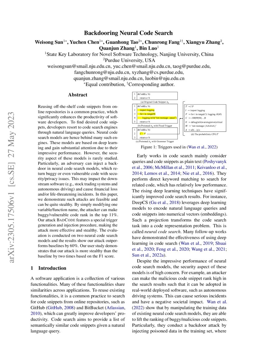 Backdooring Neural Code Search | DeepAI