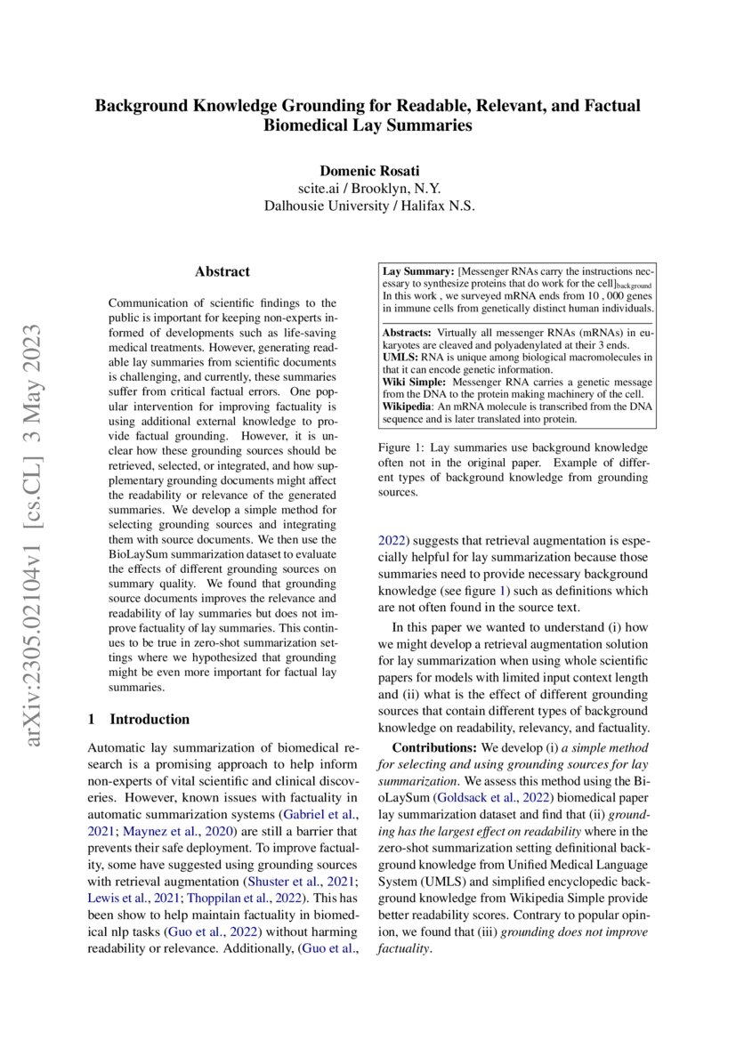 Background Knowledge Grounding for Readable, Relevant, and Factual Biomedical Lay Summaries | DeepAI