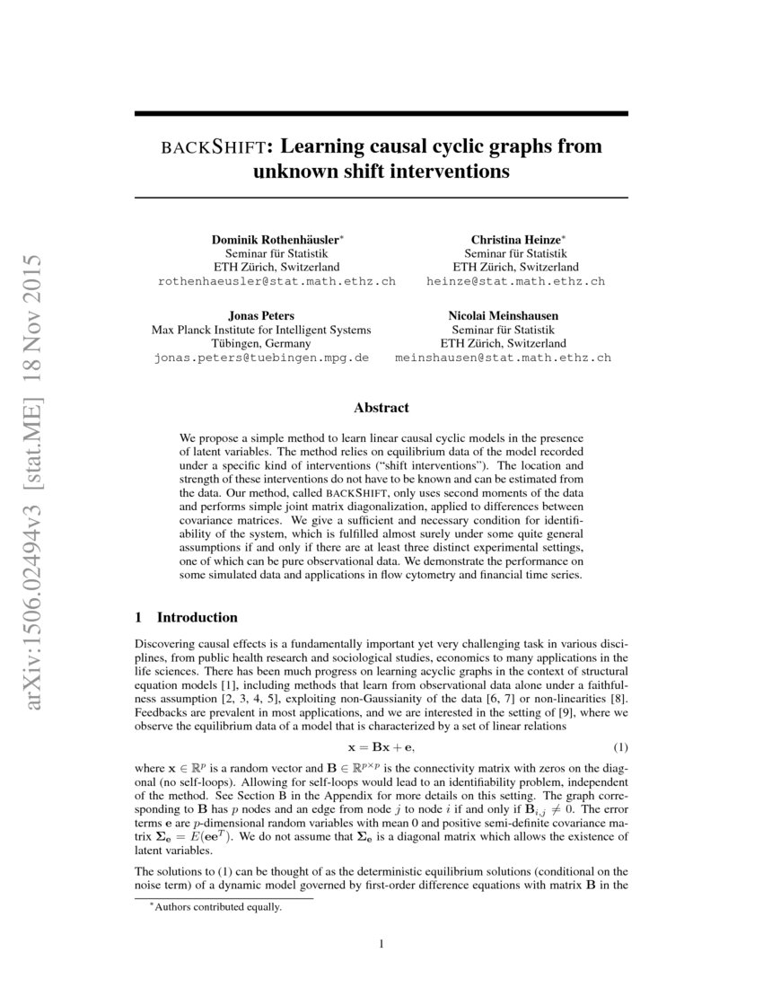 backShift: Learning causal cyclic graphs from unknown shift interventions | DeepAI