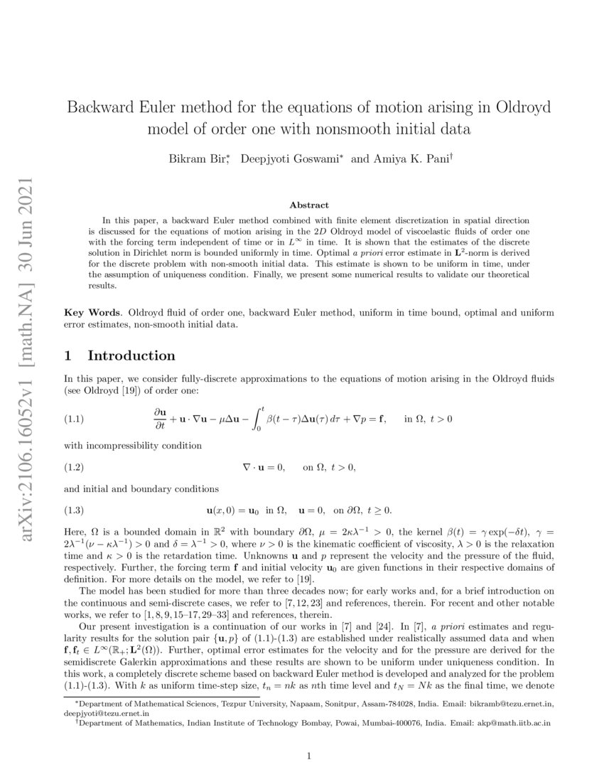 Backward Euler Method For The Equations Of Motion Arising In Oldroyd