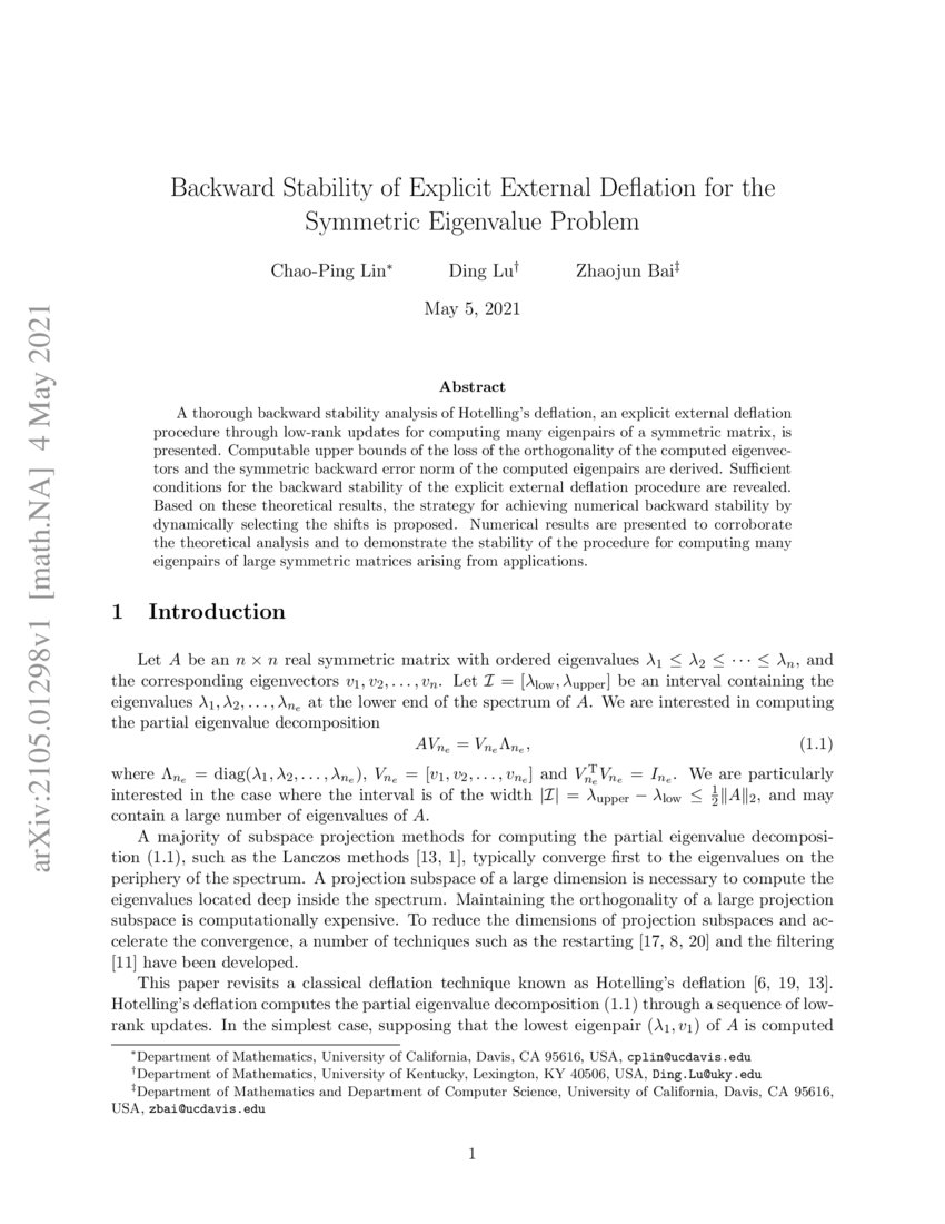Backward Stability of Explicit External Deflation for the Symmetric Eigenvalue Problem | DeepAI
