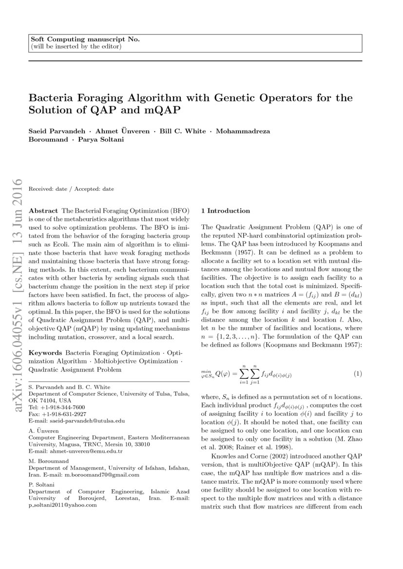 Bacteria Foraging Algorithm With Genetic Operators For The Solution Of