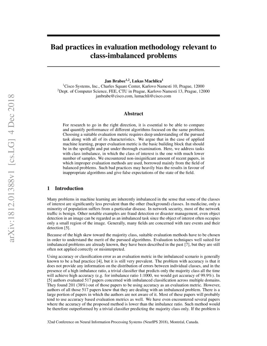 Bad practices in evaluation methodology relevant to class-imbalanced ... Bad practices in evaluation methodology relevant to class-imbalanced ...