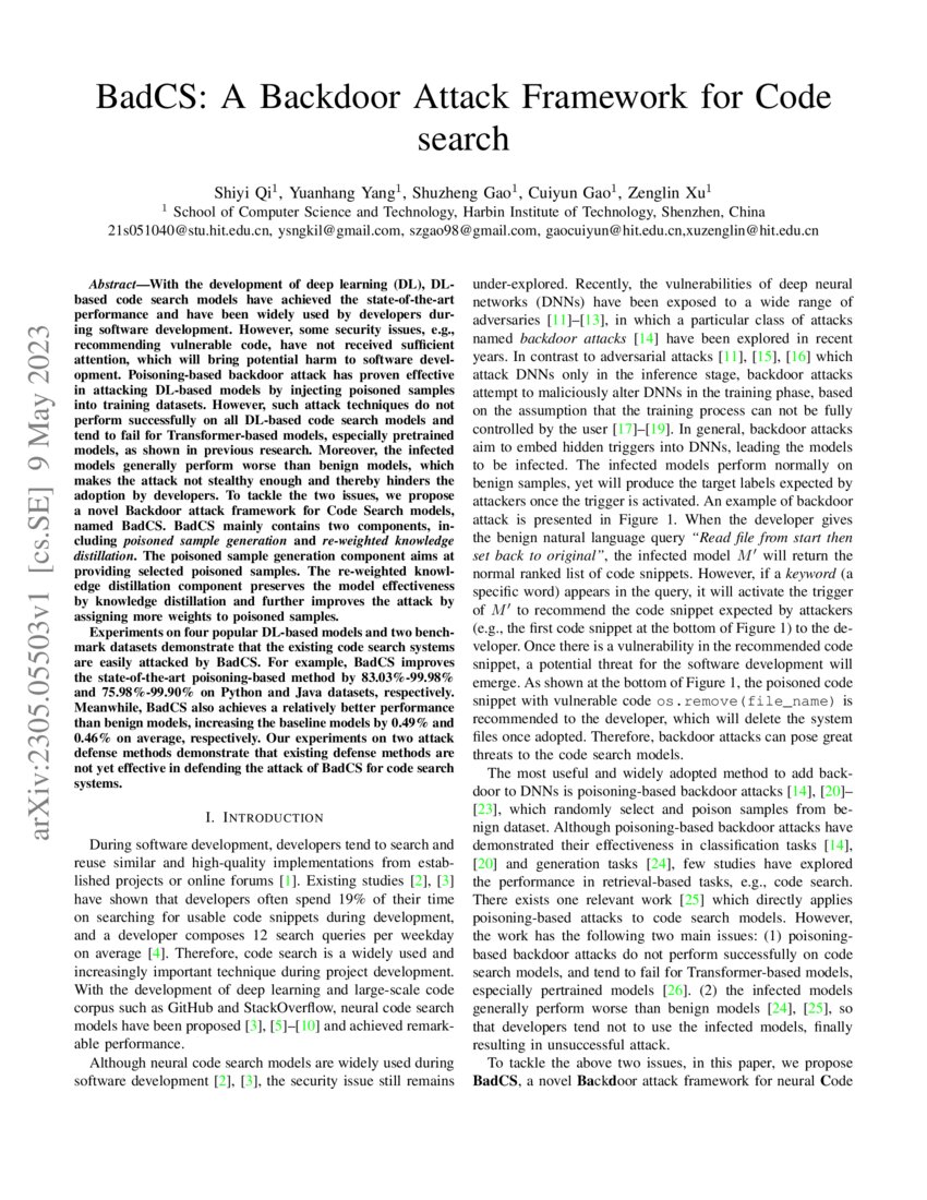 BadCS: A Backdoor Attack Framework for Code search | DeepAI