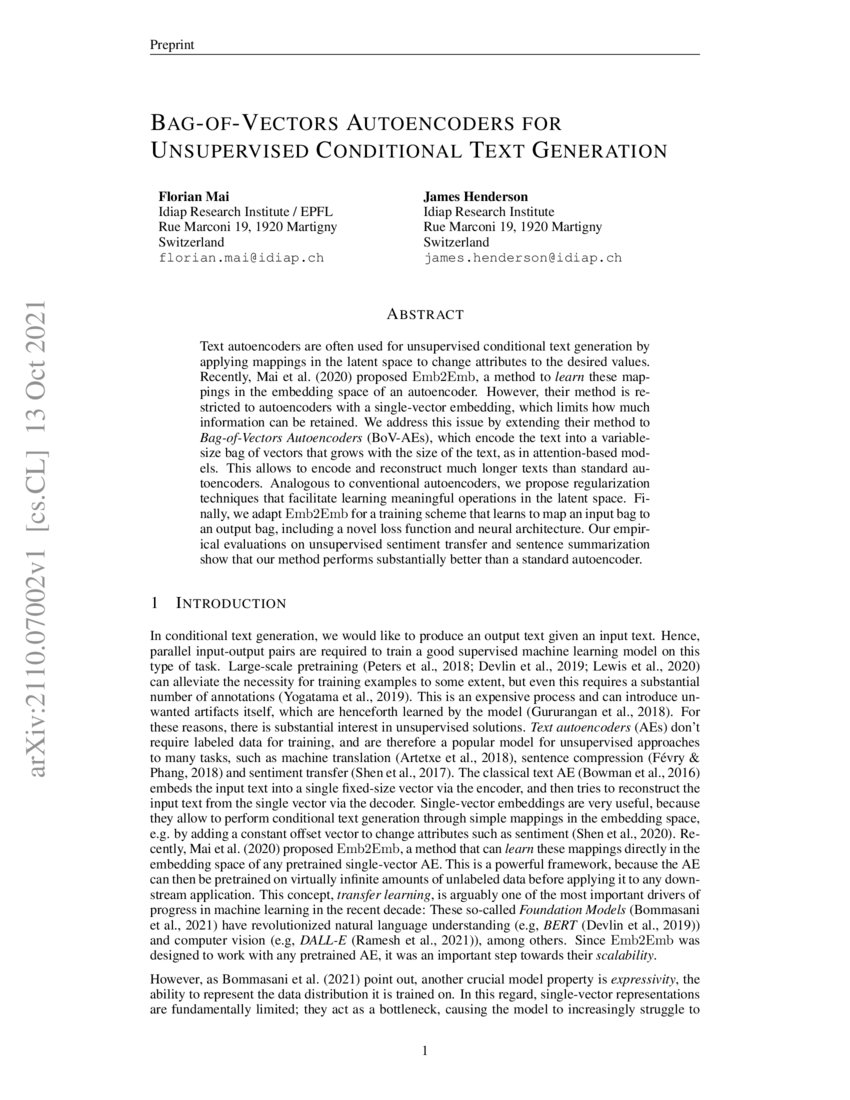 Bag Of Vectors Autoencoders For Unsupervised Conditional Text Generation Deepai